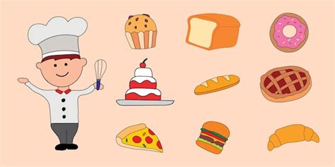 손으로 그린 색상 어린이 빵집은 모든 종류의 빵을 설정합니다 귀여운 베이커 페이스트리 구운 음식 프리미엄 벡터