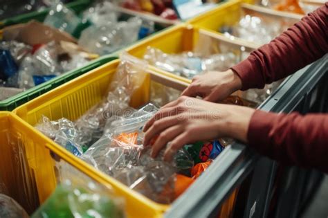 Hands Sorting Various Recyclables Into Clearly Labeled Bins In A Community Recycling Center