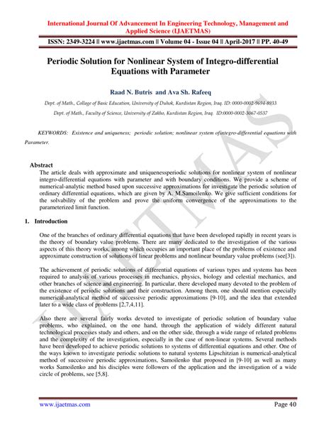 Pdf Periodic Solution For Nonlinear System Of Integro Differential Equations With Parameter