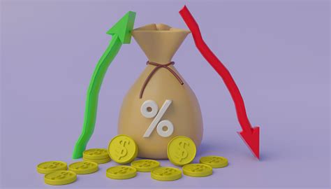 백분율과 위쪽 또는 아래쪽 화살표가 있는 돈 가방의 3d 그림입니다 대출 금리 금리 주식 0명에 대한 스톡 사진 및 기타 이미지 Istock