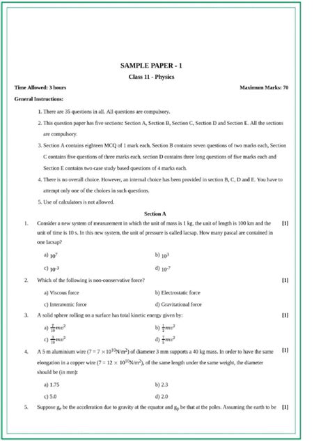 Sample Paper For Class 11 Phy Pdf