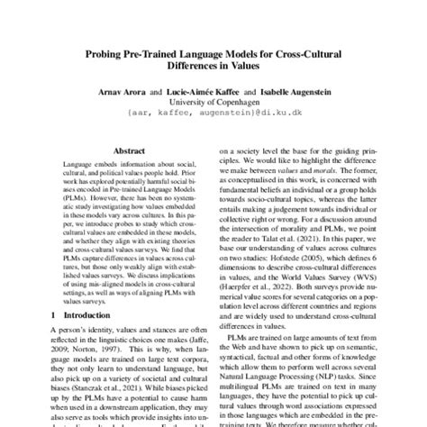 Probing Pre Trained Language Models For Cross Cultural Differences In Values Acl Anthology