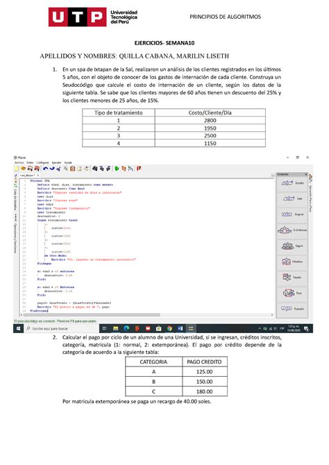 Ejercicios Semana 10 Algoritmos PRINCIPIOS DE ALGORITMOS EJERCICIOS SEMANA APELLIDOS Y