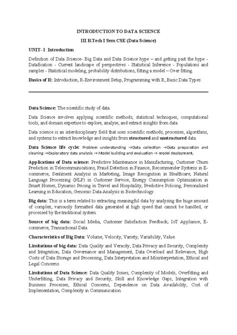 Ids Unit I Short Notes Introduction To Data Science Iii B I Sem Cse