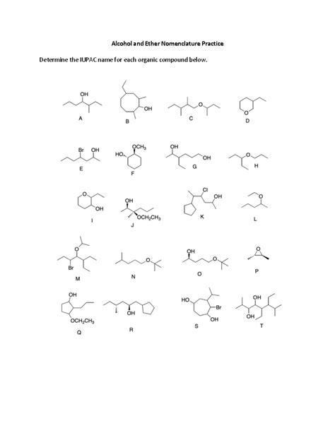 Alcohols And Ethers Nomenclature Practice Worksheet Alcohol And Ether