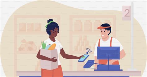 매장에서 식료품을 사는 2d 벡터 격리된 그림 계산대에서 스마트폰으로 돈을 지불하는 여자는 만화 배경에 평평한 캐릭터를 선보인다 일상의 상황과 일상적인 일 다채로운