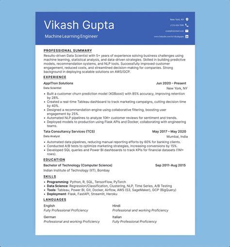 Machine Learning Engineer Resume Lfr Builder