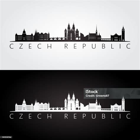 체코 의 스카이 라인과 랜드 마크 실루엣 흑백 디자인 벡터 일러스트 검은색에 대한 스톡 벡터 아트 및 기타 이미지 검은색
