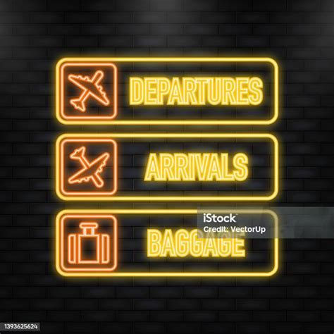 네온 아이콘 공항 표지판 출발 도착 및 수하물 계기판 측정기에 대한 스톡 벡터 아트 및 기타 이미지 계기판 측정기 비행기