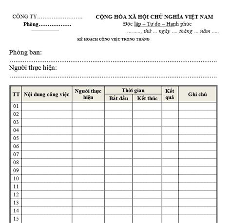 Bảng Kế Hoạch Công Việc Theo Tháng