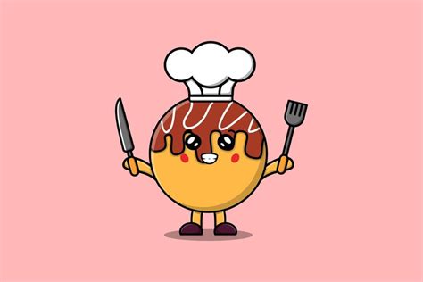 평평한 만화 스타일의 삽화로 나이프와 포크를 들고 있는 귀여운 만화 타코야끼 요리사 캐릭터 프리미엄 벡터