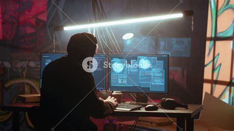 Hacker Using High Tech Computer System To Run Malicious Code In Foggy