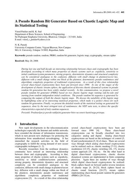 Pdf A Pseudo Random Bit Generator Based On Chaotic Logistic Map And