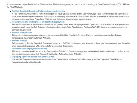 Red Hat Openshift Container Platform Deployments Dell Telecom Infrastructure Automation Suite