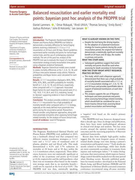 Pdf Balanced Resuscitation And Earlier Mortality End Points Bayesian Post Hoc Analysis Of The