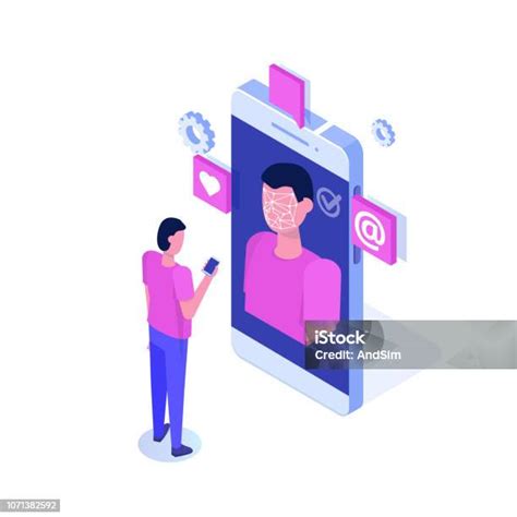 생체 인식 보안 식별 얼굴 인식 시스템 아이소메트릭 개념 방문 페이지 서식 파일에 대 한 모바일 애플 리 케이 션 벡터 일러스트입니다 3차원 형태에 대한 스톡 벡터 아트 및