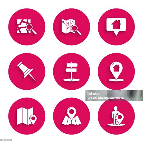 도로 교통 표지판 위치 마커가 있는 접힌 지도 사람의 지도 실루엣 포인터 집 푸시 핀 및 아이콘을 설정합니다 벡터 개념에 대한 스톡 벡터 아트 및 기타 이미지 Istock