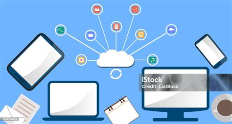 현대 클라우드 서비스 및 클라우드 컴퓨팅 요소 개념입니다 디바이스 기어와 구름에 연결 평면 그림입니다 개념에 대한 스톡 벡터