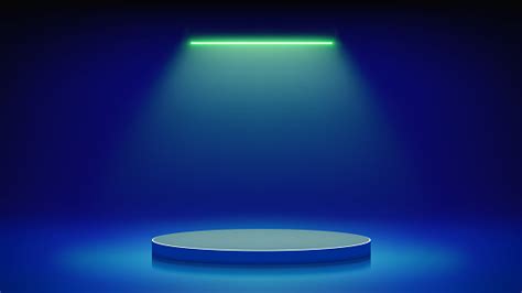 연단이 있는 미래적인 파란색 무대 녹색 Led 네온 램프로 밝혀진 둥근 연단 받침대가 있는 파란색 객실입니다 제품 프리젠 테이션을 표시하기위한 배경 배경 벡터 일러스트 레이
