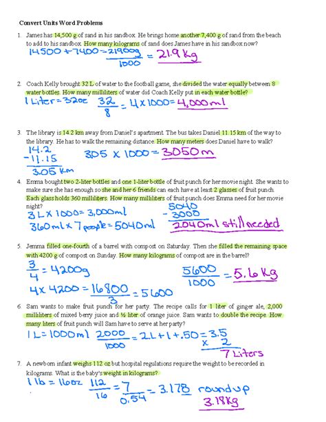 Convert Units Word Problems Answers Worked Out Convert Units Word