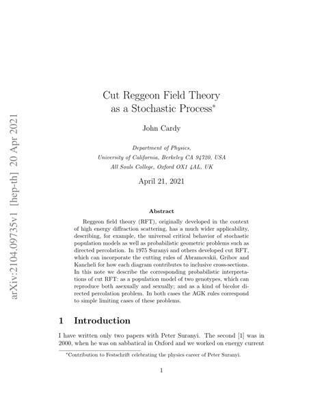 Pdf Cut Reggeon Field Theory As A Stochastic Process