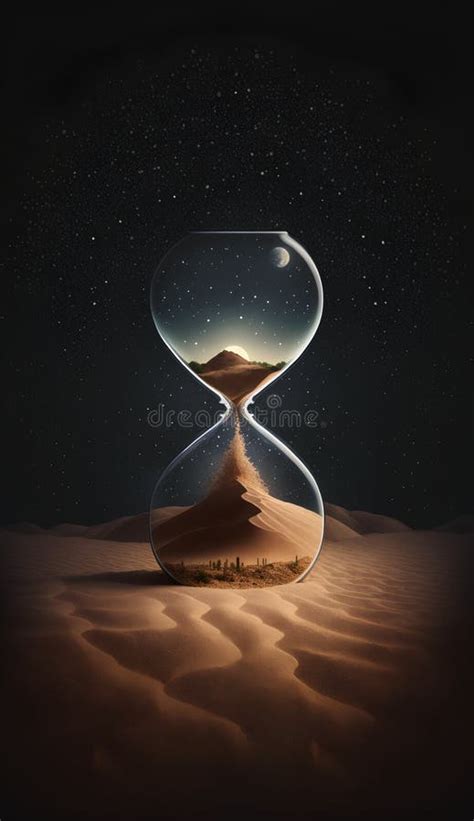 Hourglass With Sand Dune And Starry Sky In The Desert Stock