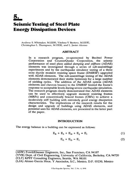 Seismic Testing Of Steel Plate Energy Dissipation Devices Pdf