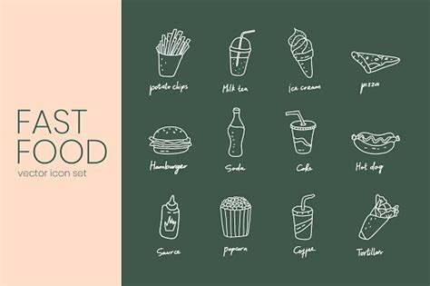 스트로크 패스트 푸드 벡터 아이콘 세트 음식과 요리 팩 미니멀리즘 벡터 기호 모바일 및 데스크톱 화면 디자인을위한 손으로 그린 낙서 일러스트 스타일의 라인 아이콘 격리된