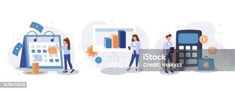 계획 재정 예산 격리 세트 회계 분석 및 저축 평면 디자인의 장면 모음 블로깅을위한 벡터 일러스트 레이 션 웹 사이트 모바일 앱 홍보 자료 감정에 대한 스톡 벡터 아트 및