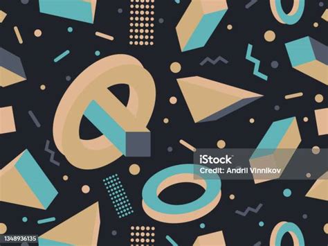 80 년대 스타일의 3d 기하학적 원활한 패턴 다른 색상의 등색 기하학적 모양 포장지 홍보 재료 및 직물을위한 디자인 벡터