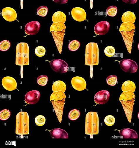 Purple Yellow Maracuja And Ice Cream Watercolor Seamless Pattern