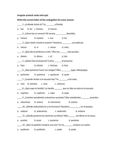 Irregular Preterit Verbs Mini Quiz Teaching Resources