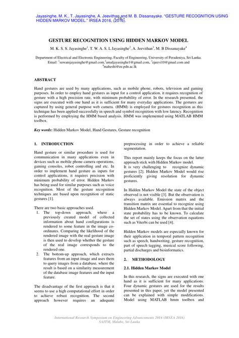 Pdf Gesture Recognition Using Hidden Markov Model