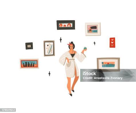 흰색 배경에 고립 된 그림 프레임으로 홈 일러스트 아트에서 손으로 그린 벡터 추상 만화 현대 그래픽 소녀 루틴 귀여운에 대한 스톡 벡터 아트 및 기타 이미지 Istock