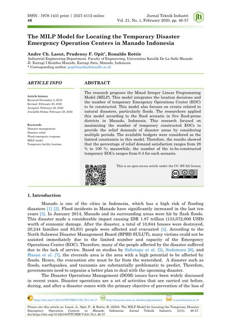 Pdf The Milp Model For Locating The Temporary Disaster Emergency