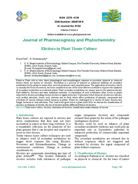 Elicitors In Plant Tissue Culture Pdf Pdf Cell Culture Plants