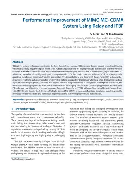 Performance Improvement Of Mimo Mc Cdma System Using Relay And Itbf Pdf
