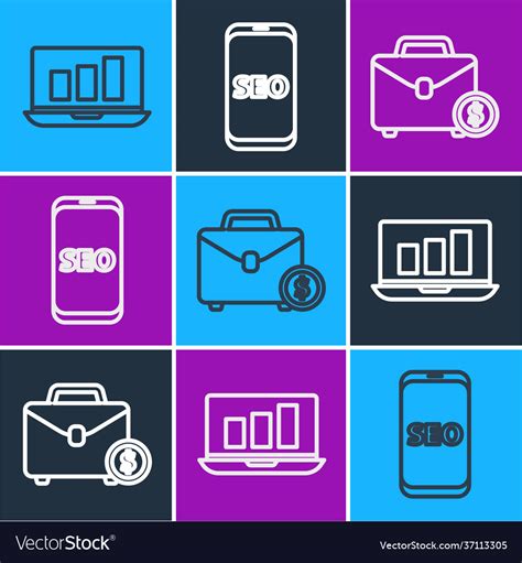 Set Line Laptop With Graph Chart Briefcase Vector Image