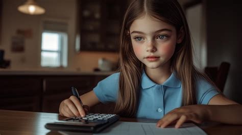 A Young Girl Focused On Solving Problems With A Calculator At A Wooden