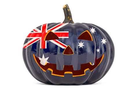 호주 개념의 할로윈 호주 국기와 악마 조각 호박 흰색 배경에 고립 된 3d 렌더링 10월에 대한 스톡 사진 및 기타 이미지