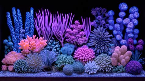 Vibrant Purple Pink And Blue Coral Reef In Dark Aquarium Setting Stock