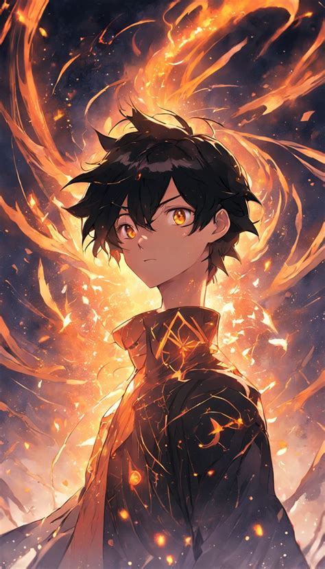 당신의 세계에 있는 마법의 본질을 나타내는 그림 검은머리가 드러났네요 반짝이는 황금빛 눈의 주인공，목에 신비한 검은색 점이 있다，일련의 마법의 불 에너지에 빠져보세요