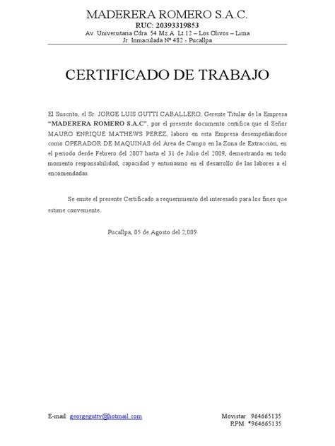 Certificado De Trabajo Pdf