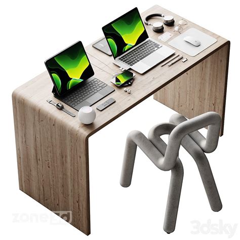 دانلود آبجکت میز کار چوبی به همراه اپل ست و آی مک وصندلی پارچه ای