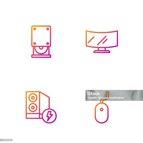 라인 컴퓨터 마우스 컴퓨터 케이스 광 디스크 드라이브 및 모니터 화면을 설정합니다 그라데이션 색상 아이콘입니다 벡터 0명에 대한 스톡 벡터 아트 및 기타 이미지 Istock
