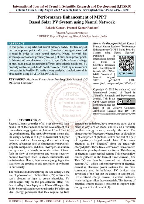 Performance Enhancement Of Mppt Based Solar Pv System Using Neural Network By International