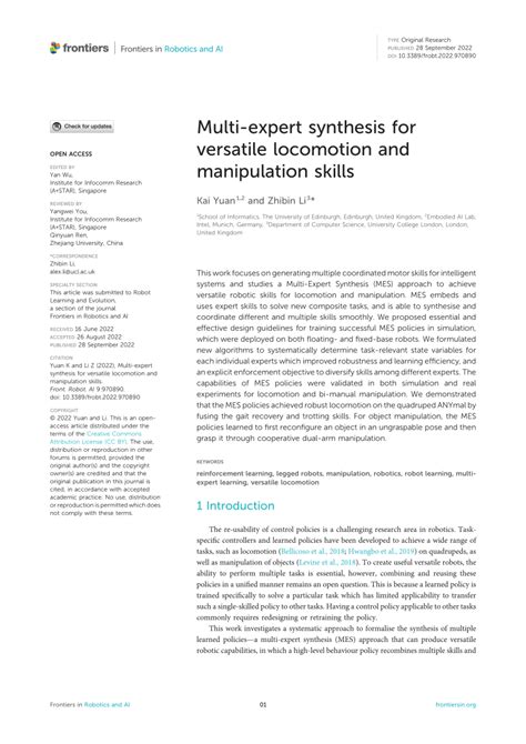 Pdf Multi Expert Synthesis For Versatile Locomotion And Manipulation Skills