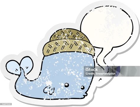 만화 고래 모자를 쓰고 연설 거품 고민 고민 오래 된 스티커 고래에 대한 스톡 벡터 아트 및 기타 이미지 고래 귀여운 그런지 이미지 기법 Istock