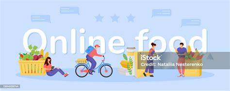 식료품 주문 및 배달 단어 개념 플랫 컬러 벡터 배너 작은 만화 캐릭터와 온라인 음식 타이포그래피 제품 주문 모바일 앱 택배 서비스 크리에이티브 일러스트 가공의 인물에 대한