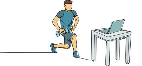Single One Line Drawing Man Doing Fitness At Home In Online Classes Using His Laptop Fitness